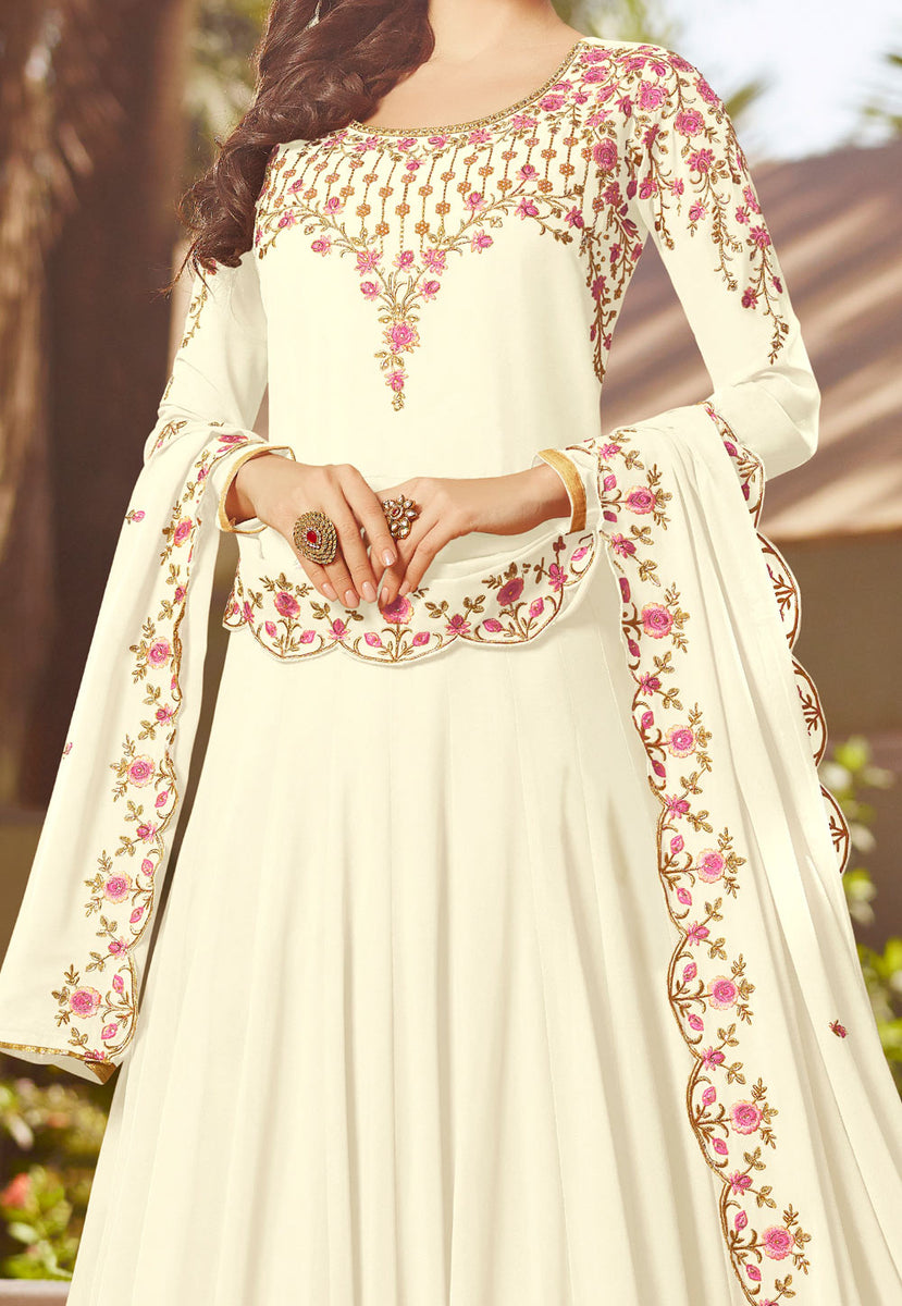 Beige With Multi Embroidered Georgette Anarkali Suit - Hatkay