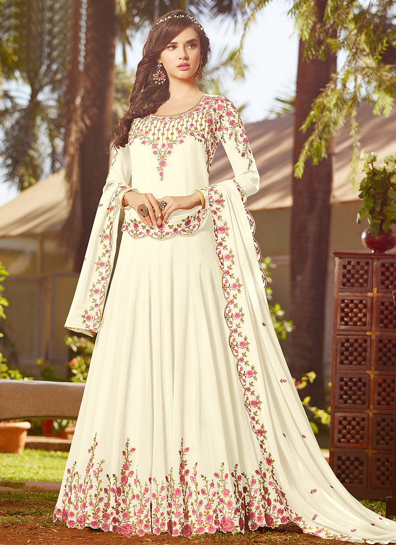 Beige With Multi Embroidered Georgette Anarkali Suit - Hatkay