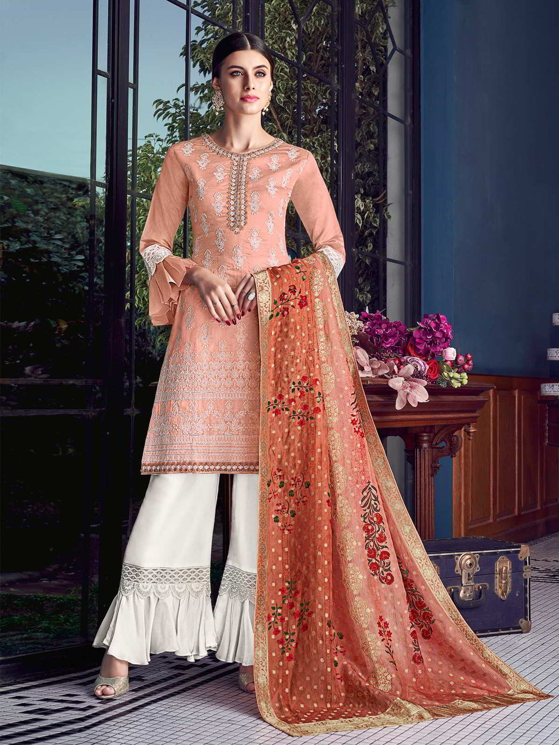 Peach And White Multi Embroidered Lucknowi Sharara Palazzo Suit