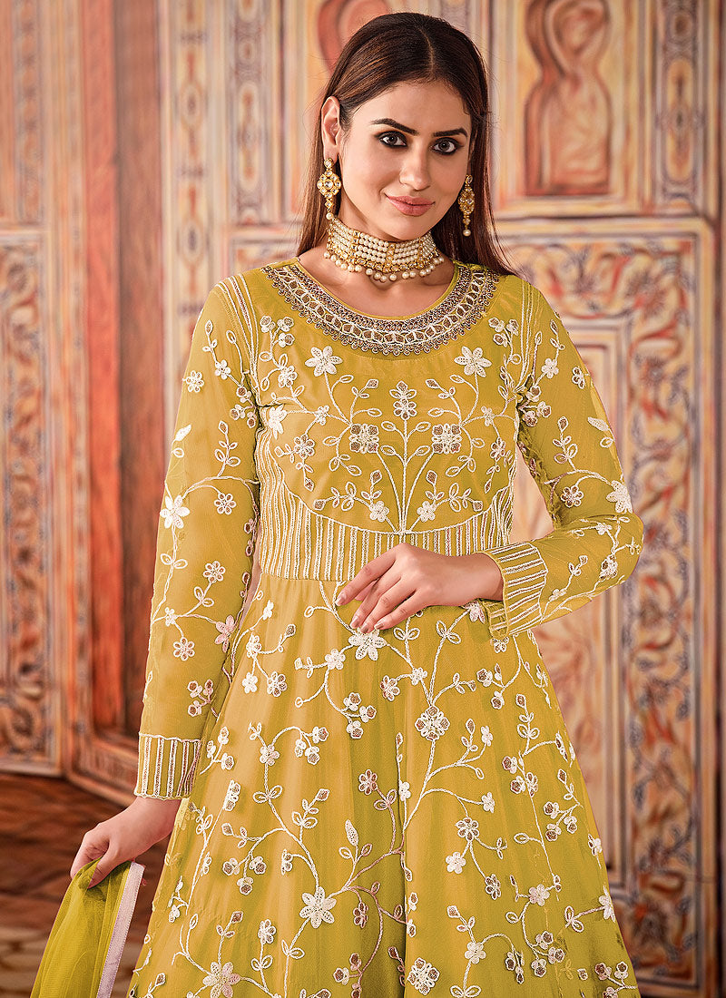 Buy Bright Yellow Cording Embroidered Net Anarkali Suit In Usa online