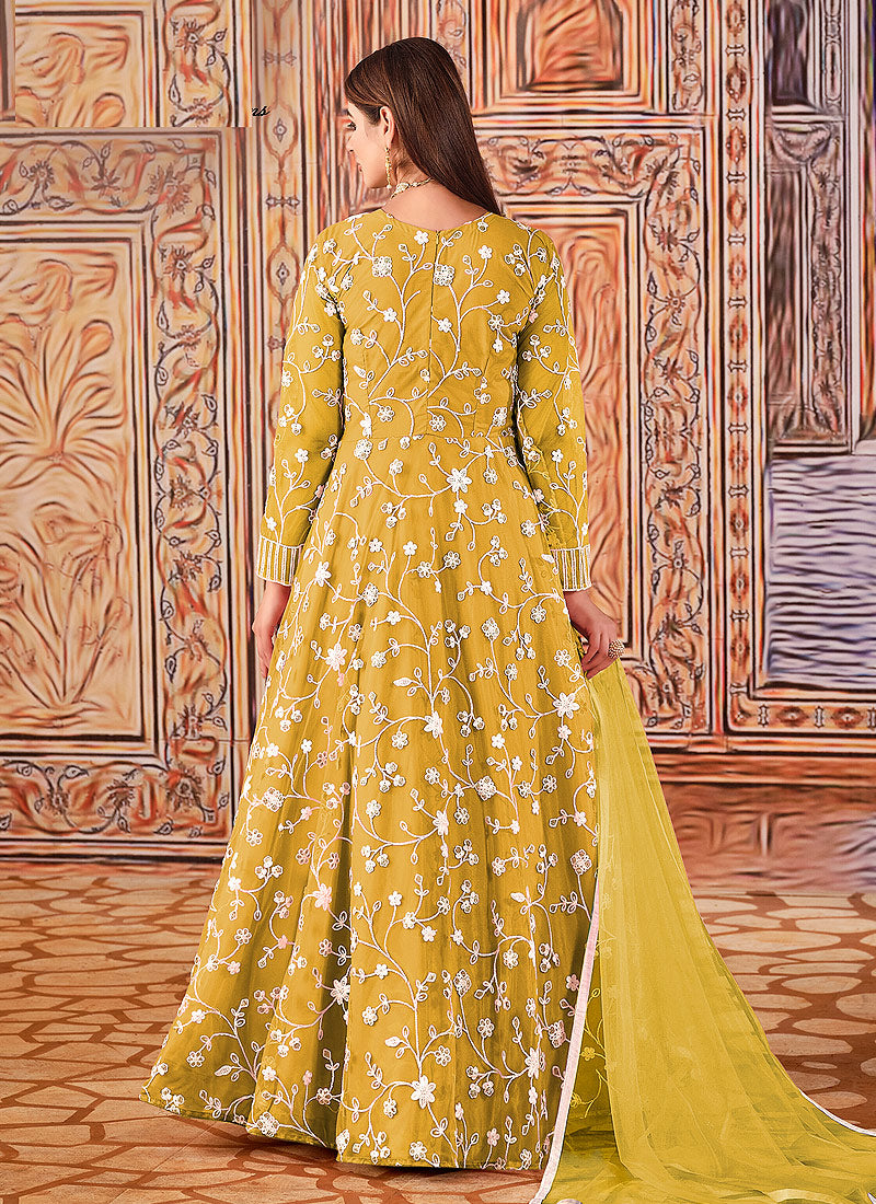 Buy Bright Yellow Cording Embroidered Net Anarkali Suit In Usa online