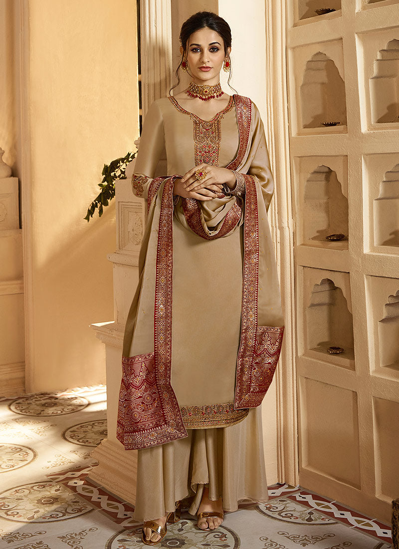 Aqua Blue And Navy Contrast Designer Embroidered Palazzo Suit - Hatkay