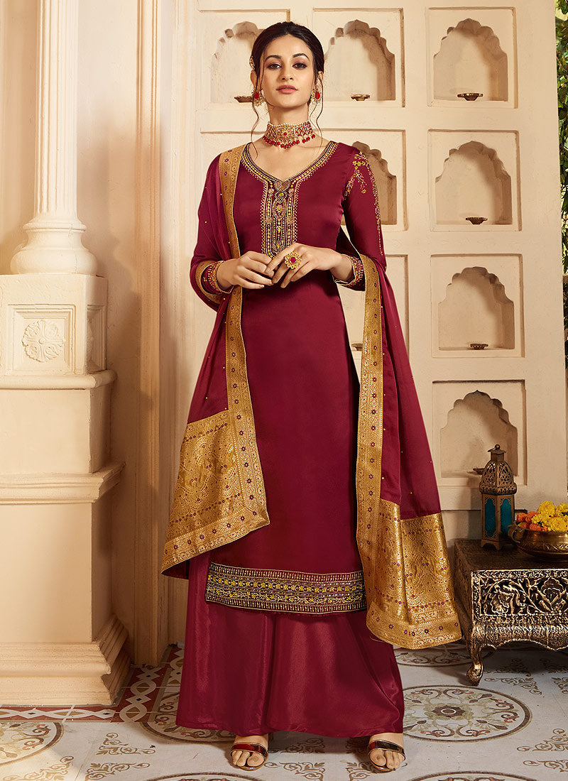 Aqua Blue And Navy Contrast Designer Embroidered Palazzo Suit - Hatkay