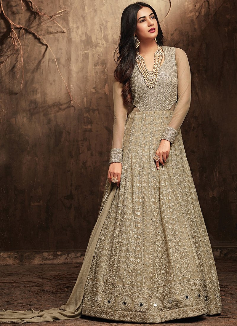 Silvery Grey Hues With Rustic Embroidered Detail Flared Kaliyaari Anar