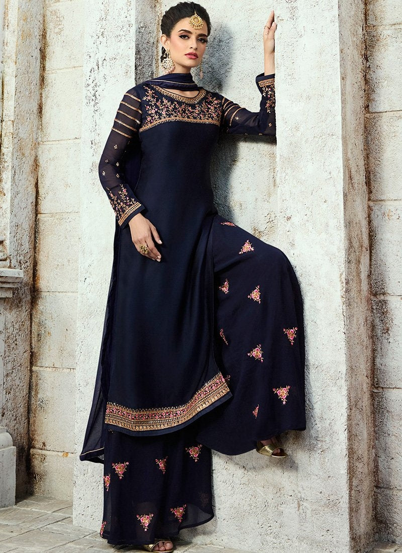 Navy Blue Embroidered Georgette Palazzo Suit - Hatkay