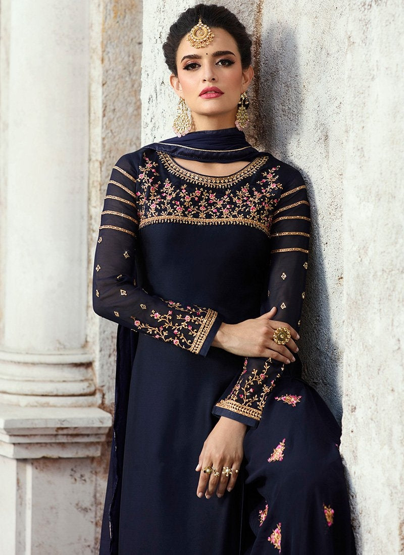 Navy Blue Embroidered Georgette Palazzo Suit - Hatkay