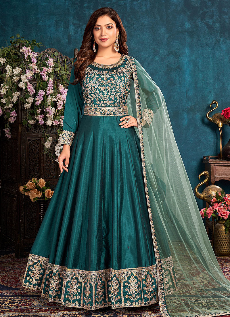 Eid Anarkali - Buy Turquoise Embroidered Belt Style Silk Anarkali Suit