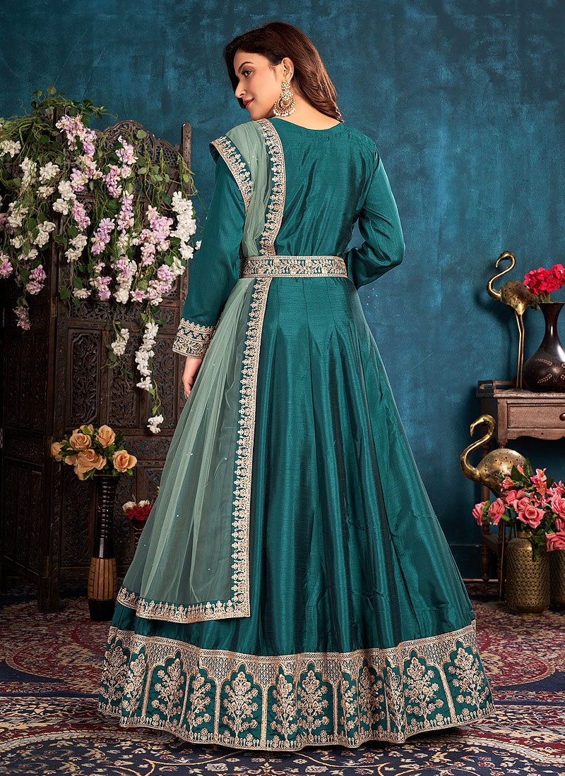 Eid Anarkali - Buy Turquoise Embroidered Belt Style Silk Anarkali Suit